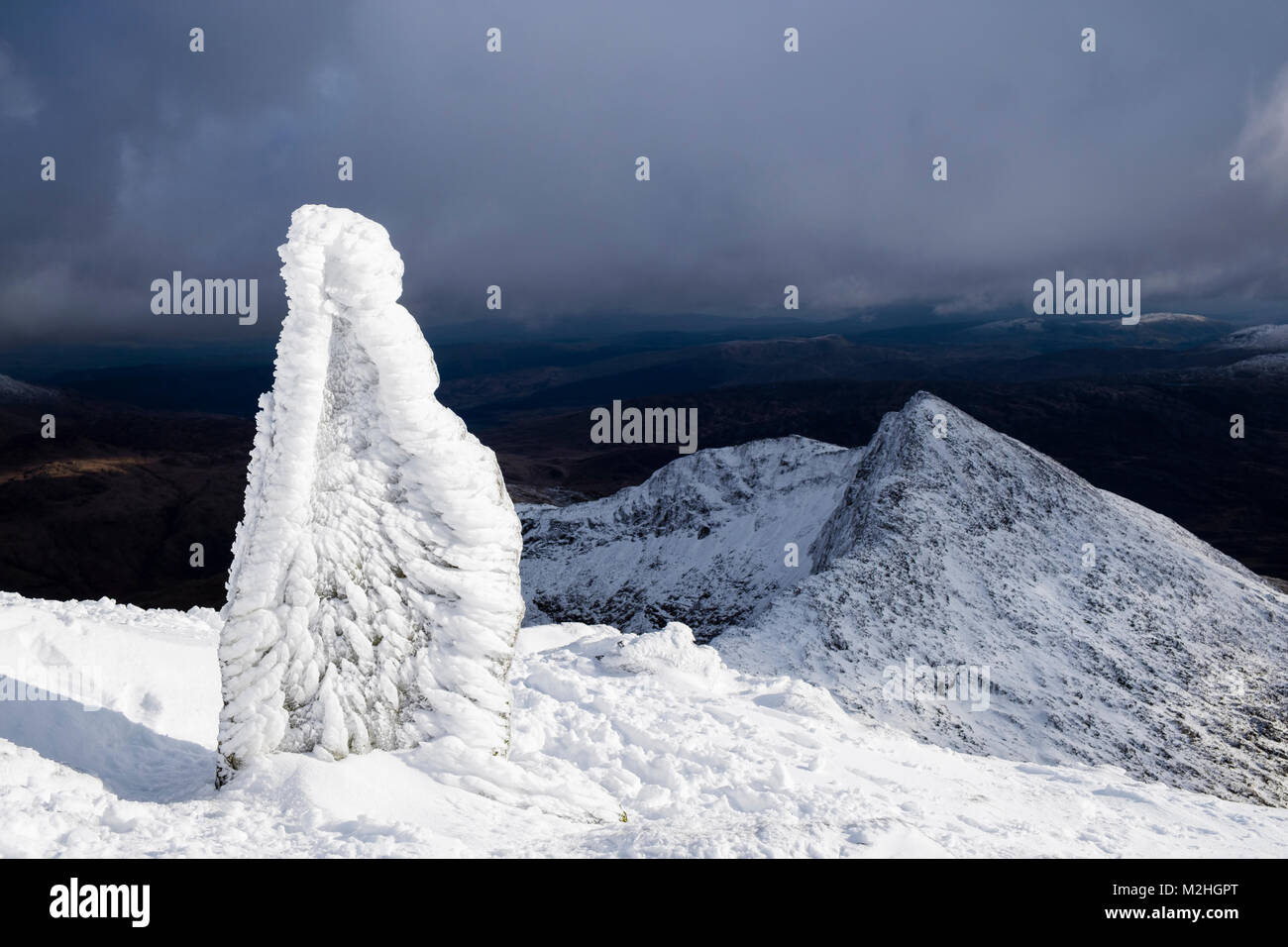 Icy marker stone at top of Watkin Path on mt Snowdon with Y Lliwedd ...