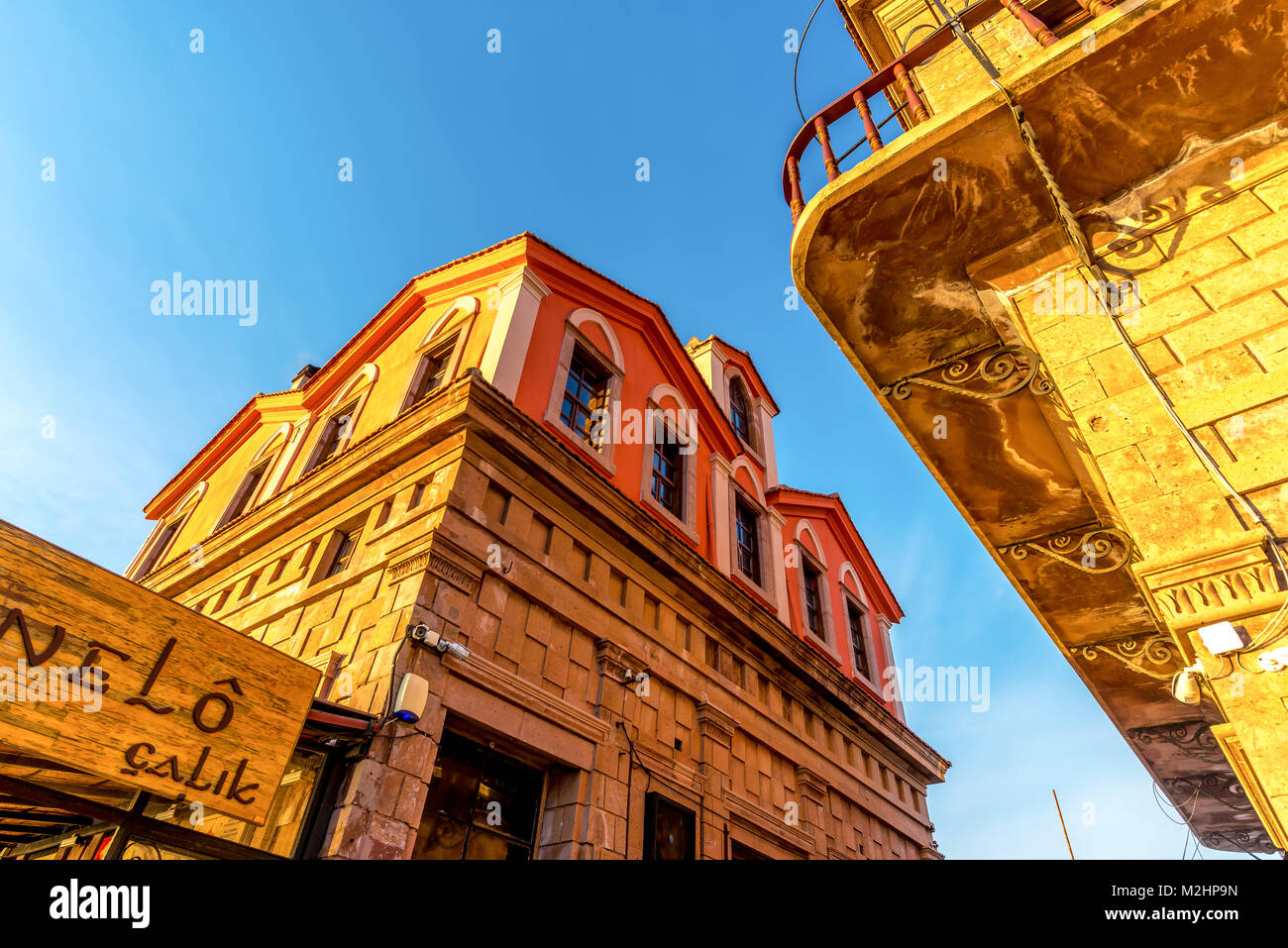 Historical buildings at the center of Ayvalik, Balikesir, Turkey Stock ...