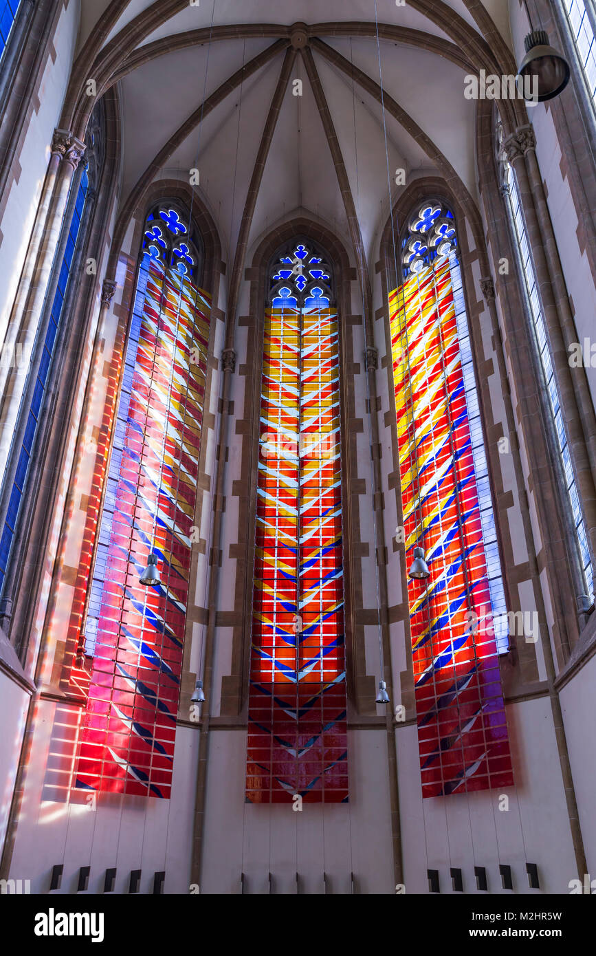 Modern coloured windows in the altar room, St. Pauls Church, Munich ...