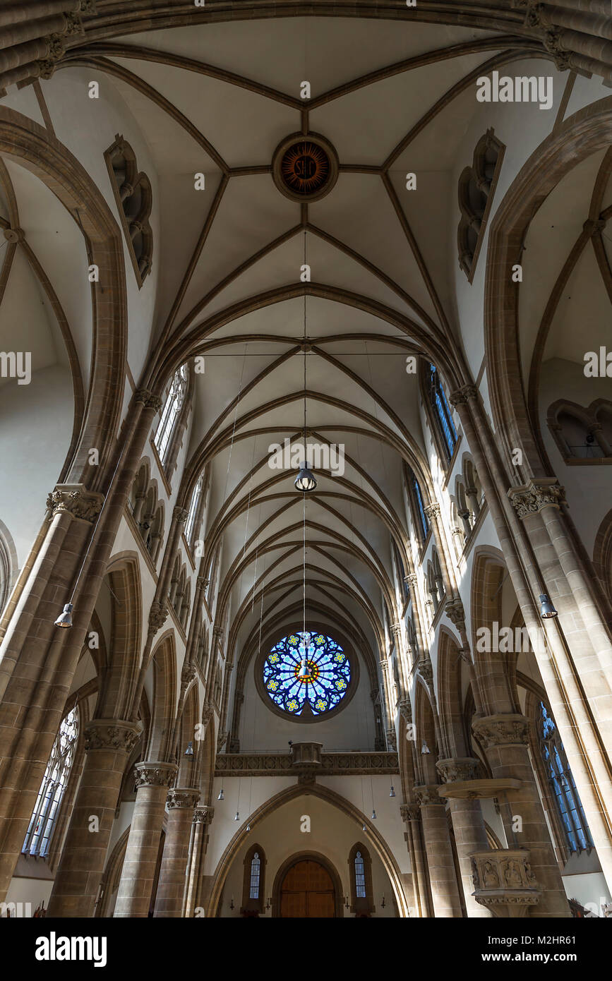 Neo-Gothic interior with coloured rosette, St. Pauls Church, Munich ...