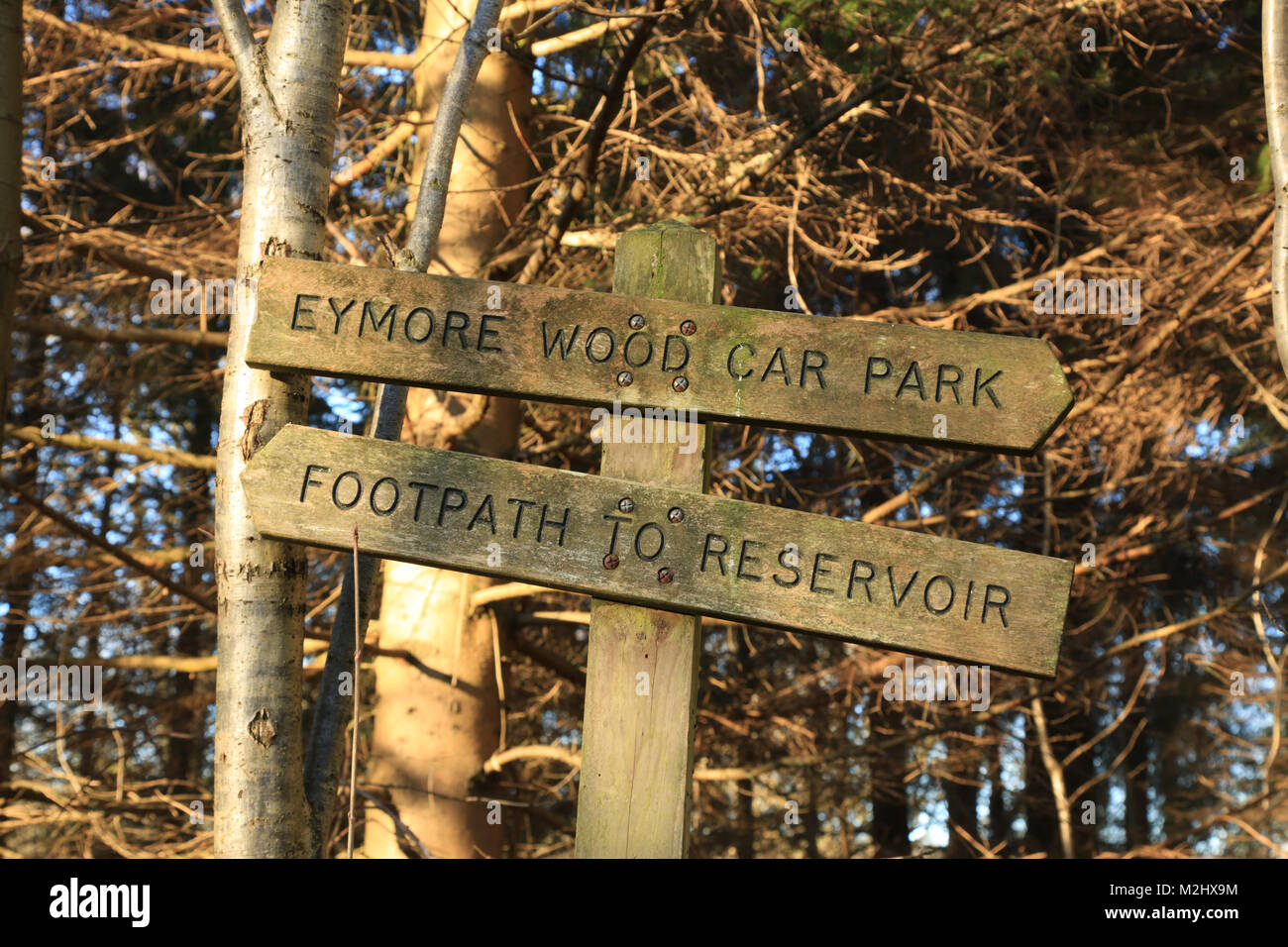 Wooden sign post on footpath from Eymore wood car park to Trimpley ...