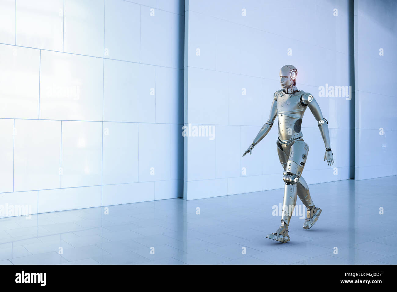 3d rendering humanoid robot walk on white tile background Stock Photo ...