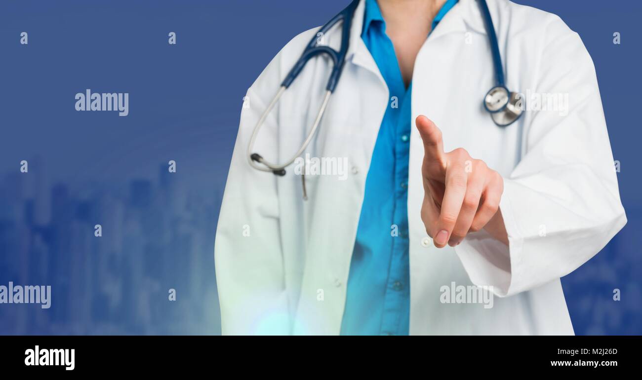 Doctor's hand touching with blue background Stock Photo - Alamy