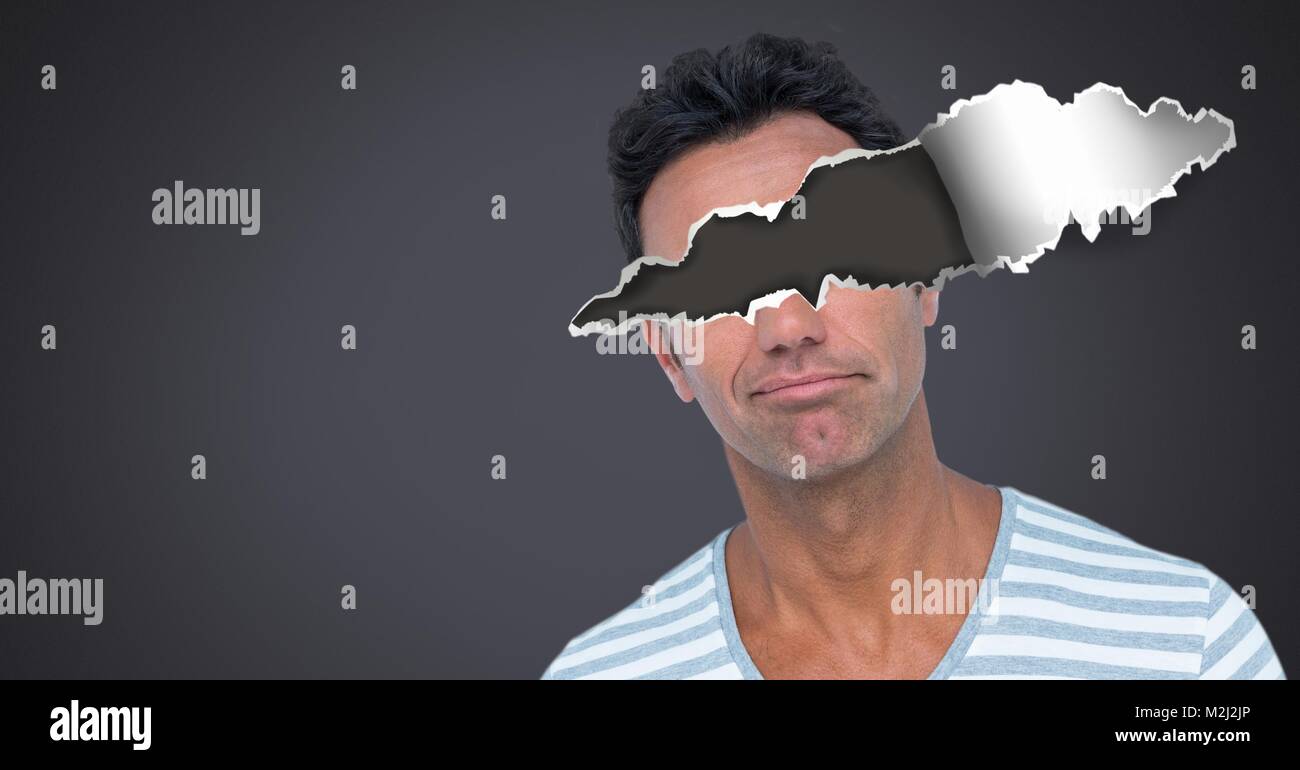 Man with torn paper on eyes Stock Photo - Alamy