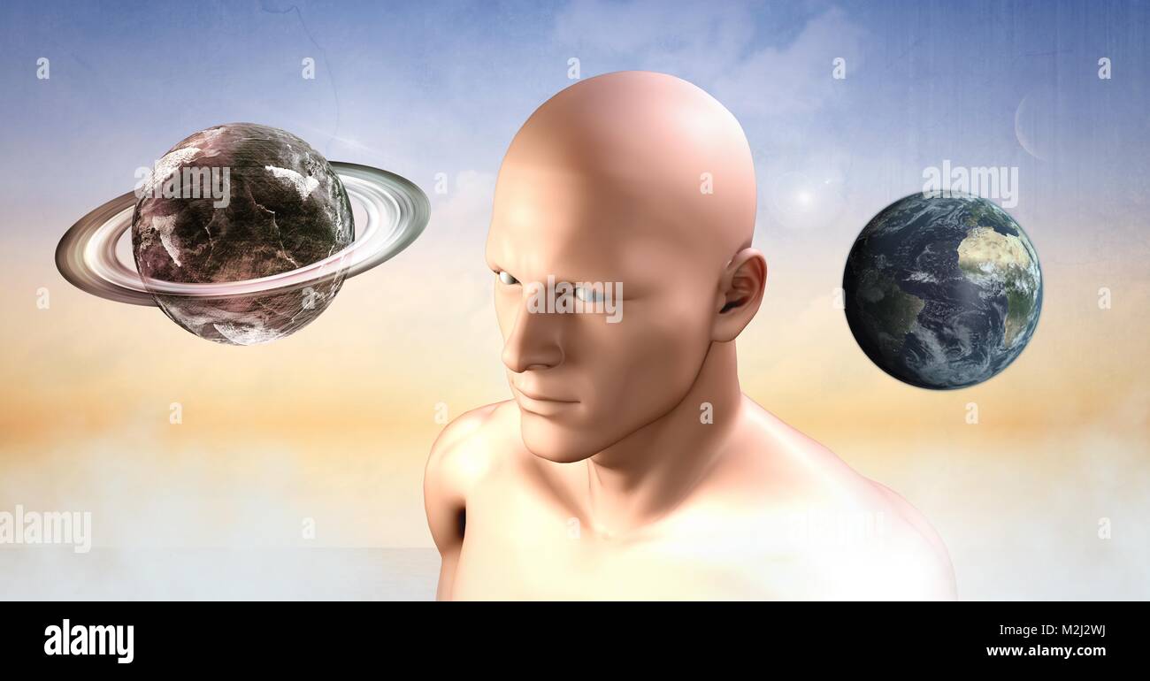 mans head and planets spheres in clouds Stock Photo - Alamy