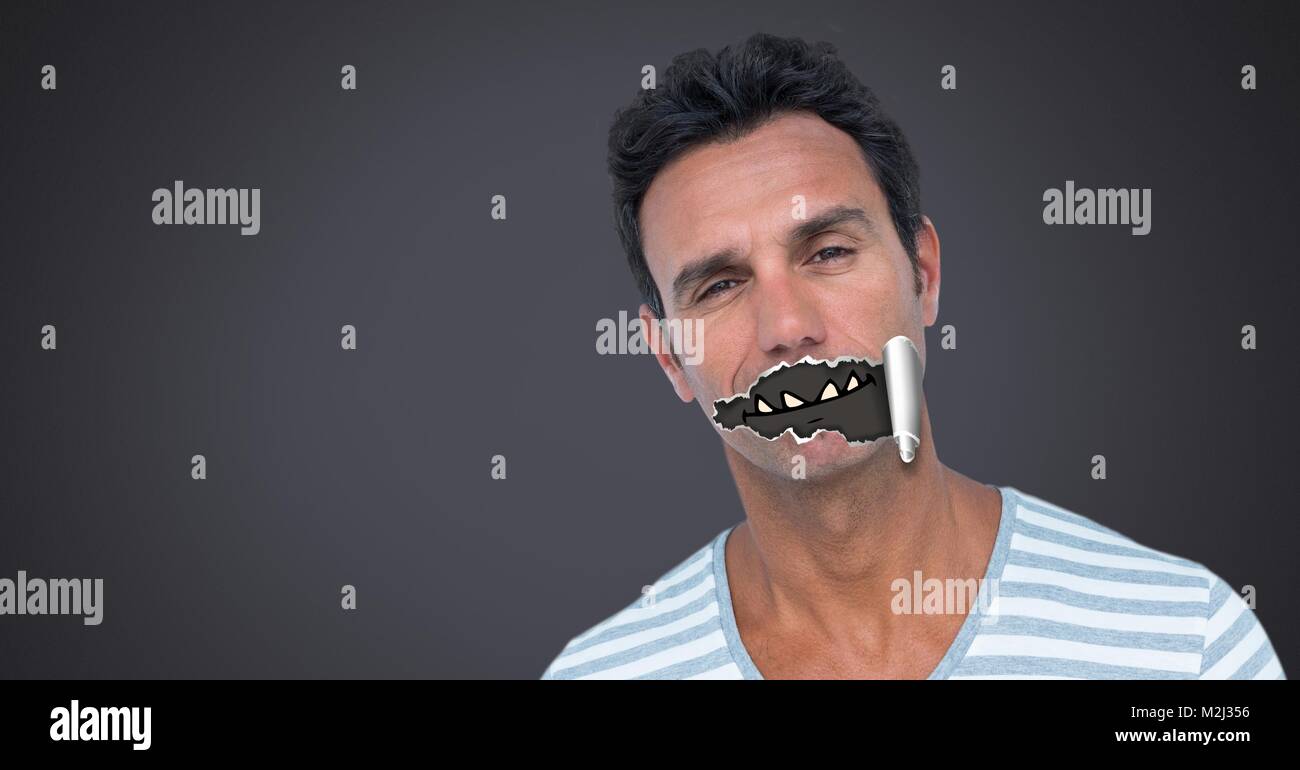 Man with torn paper on mouth and monster cartoon mouth Stock Photo - Alamy