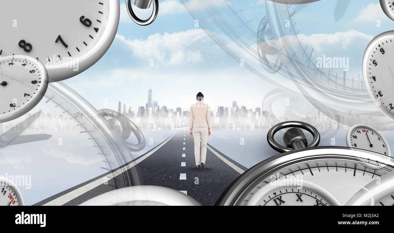 Businesswoman walking on road with surreal time clocks perspective ...