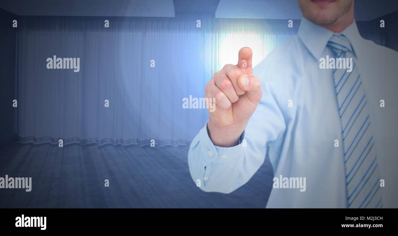 Hand touching light with blue background Stock Photo - Alamy