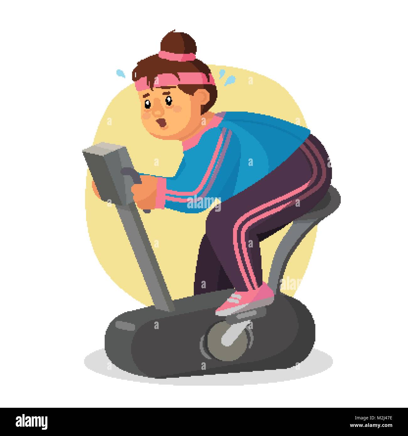 Fat Woman Working Out In Gym Vector. Training On Exercise Bike. Girl ...