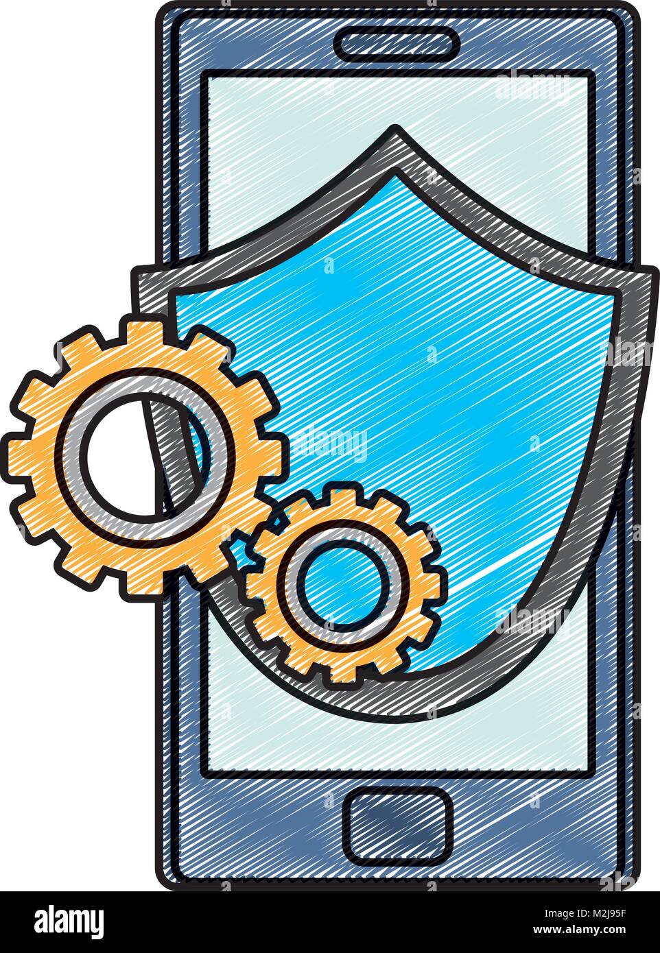 grated smartphone with shield security and gears process Stock Vector Image & Art - Alamy