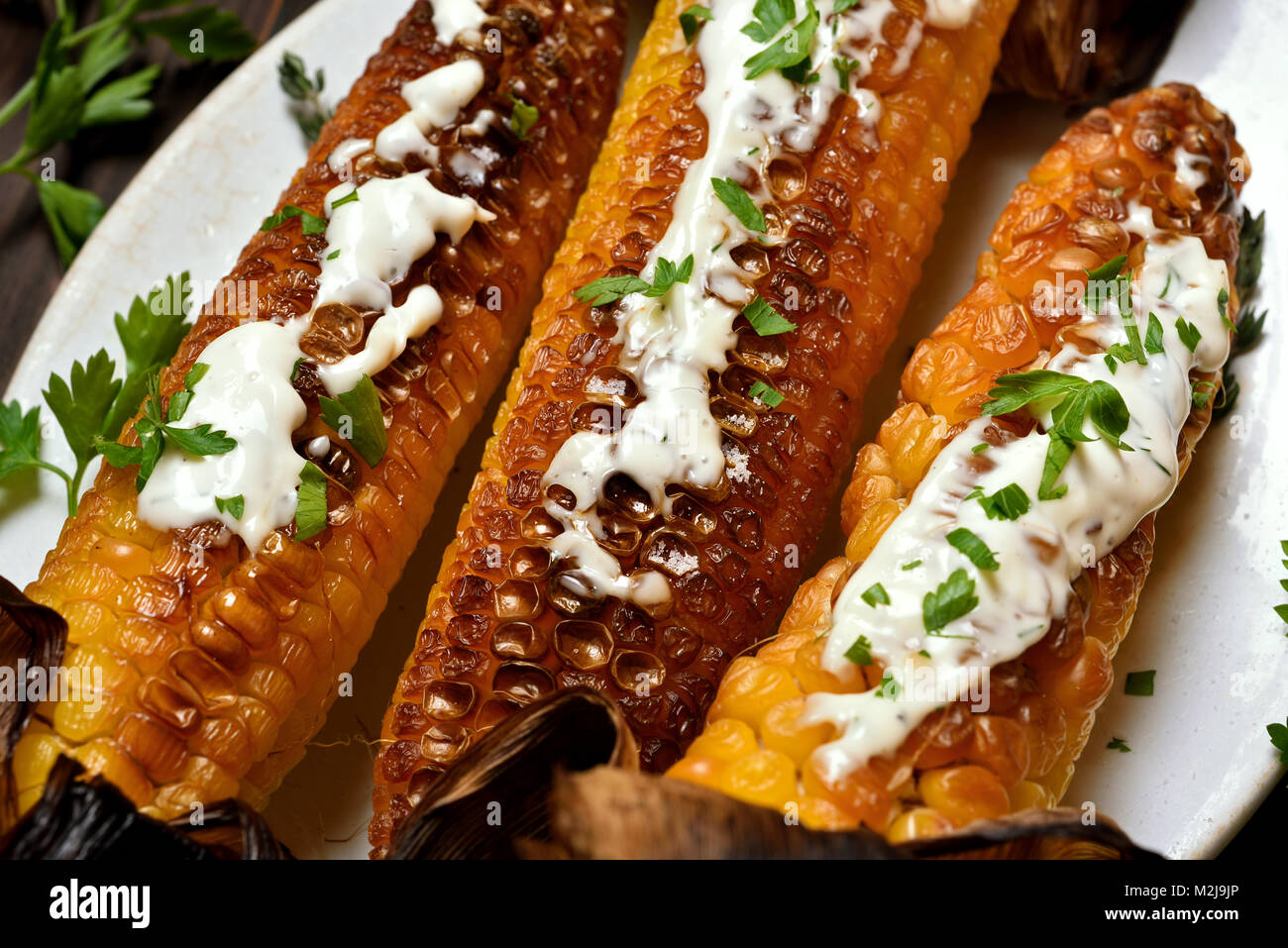 Grilled corn, top view, close up view Stock Photo - Alamy