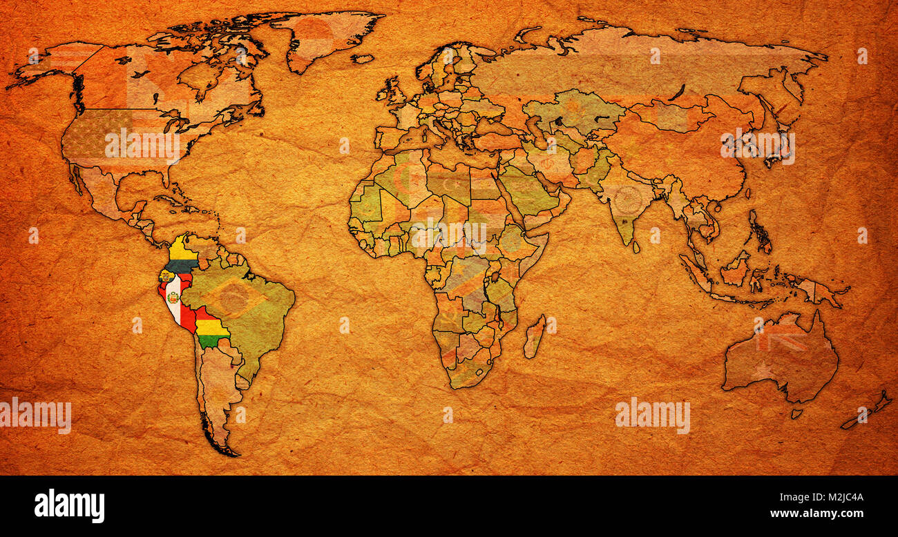 Andean Community member countries flags on world map with national ...