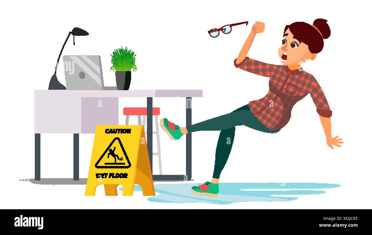 Woman Slips On Wet Floor Vector. Caution Sign. Isolated Flat Cartoon ...