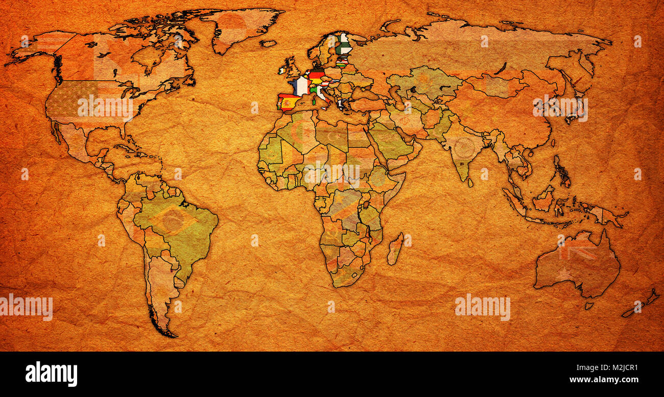monetary union of euro area member countries flags on world map with ...
