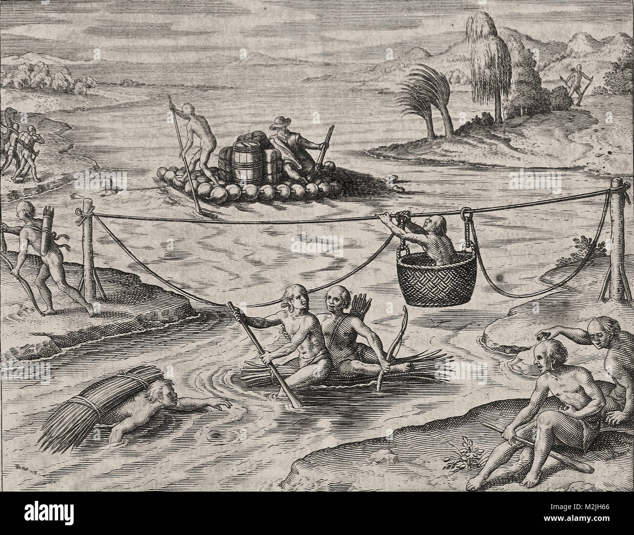 Theodor de Bry - native american indians going down river rapids using ...