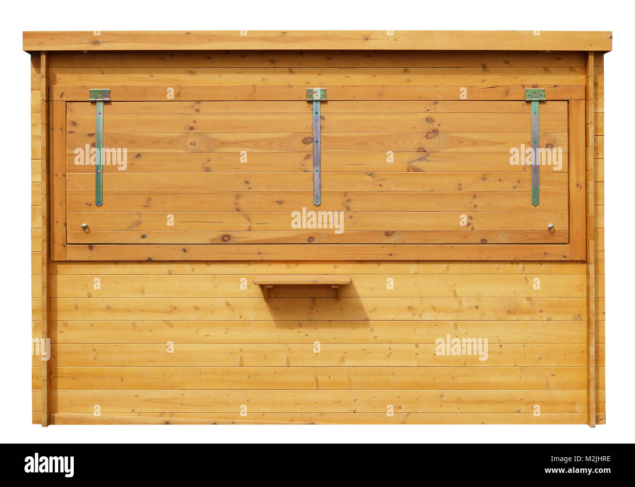 Front view of a closed street wooden city kiosk in which vegetables and ...