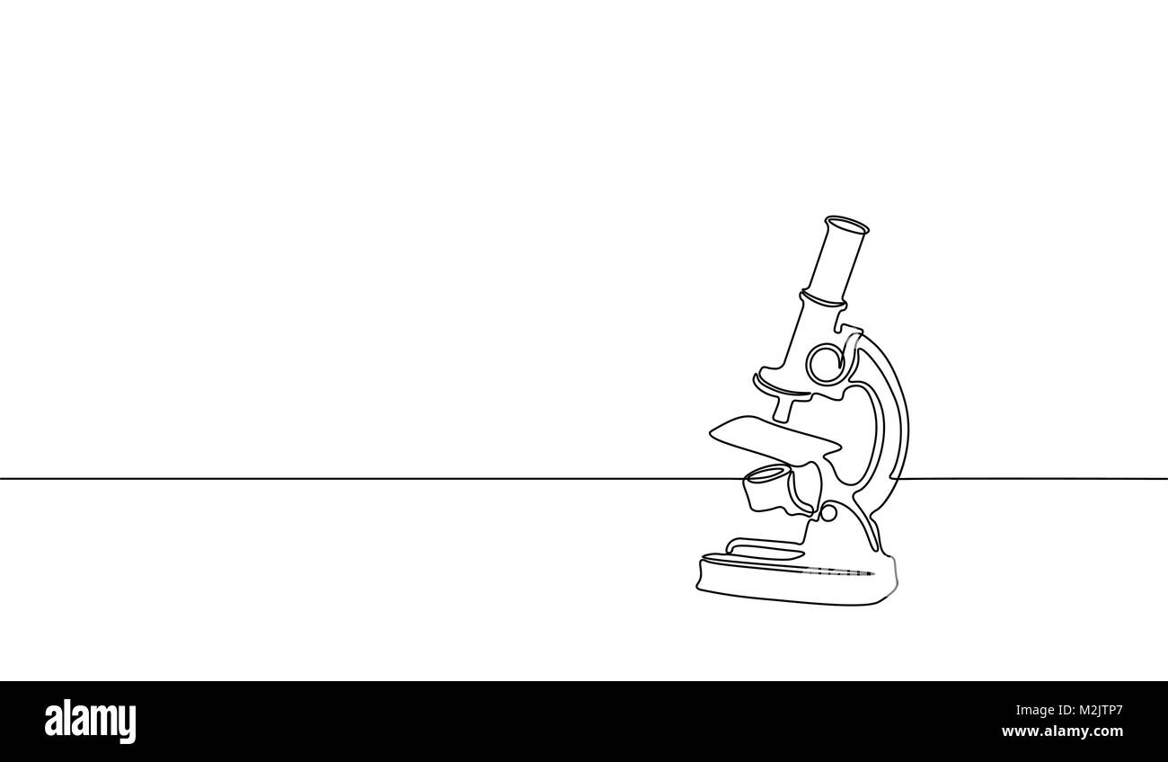 Single continuous line art science research microscope. Biology micro ...