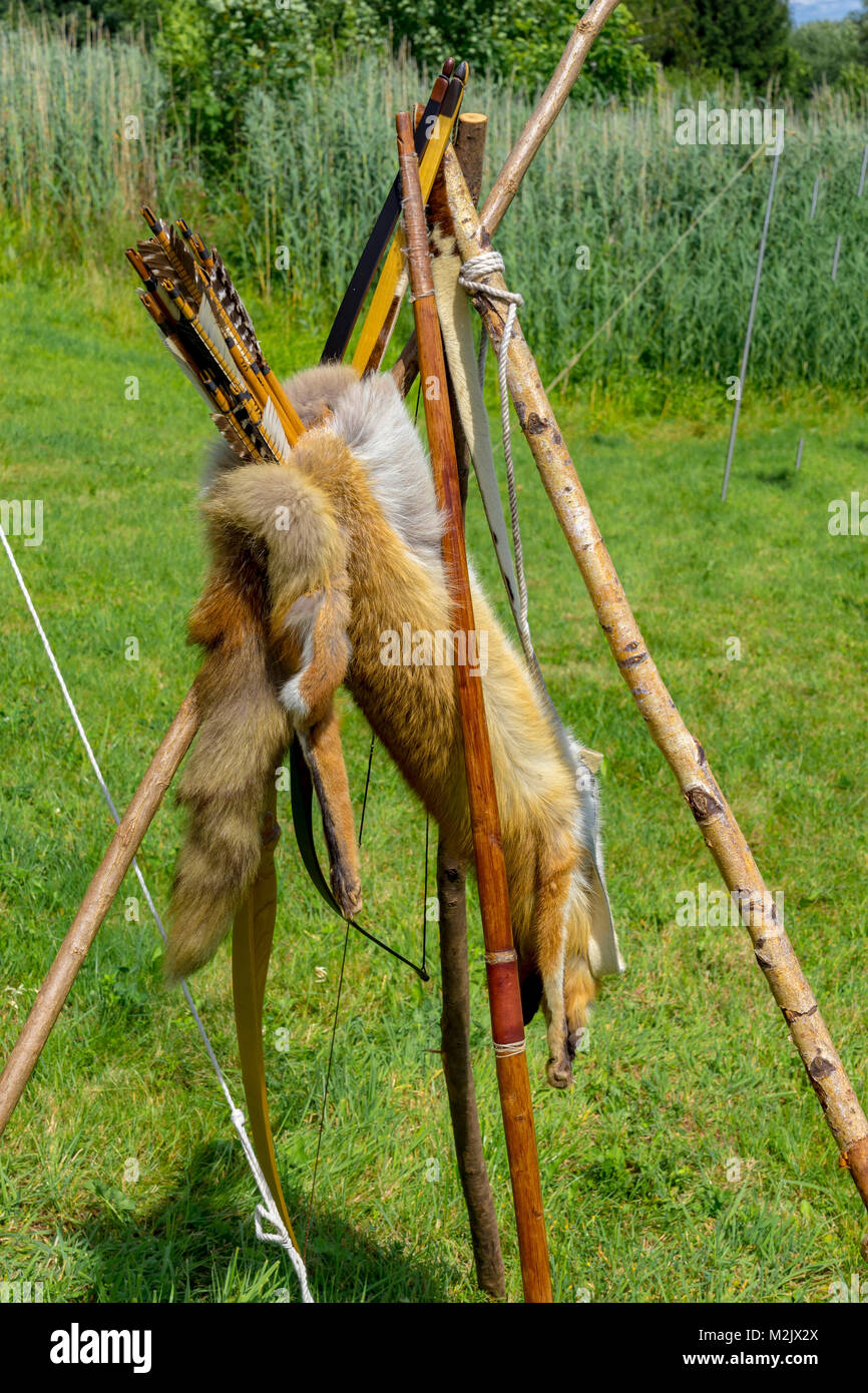 Quiver with arrows in a fox bellows standing on a tripod frame Stock ...