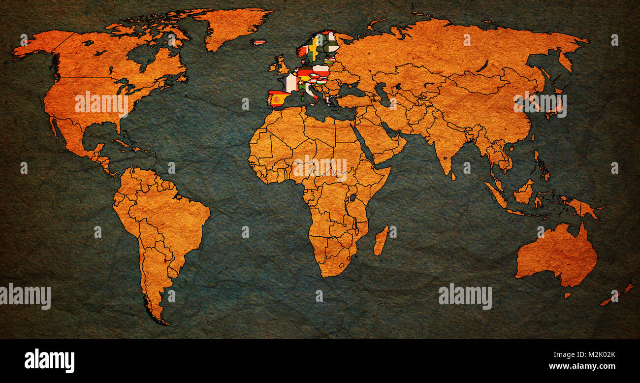 Schengen Area member countries flags on world map with national borders ...