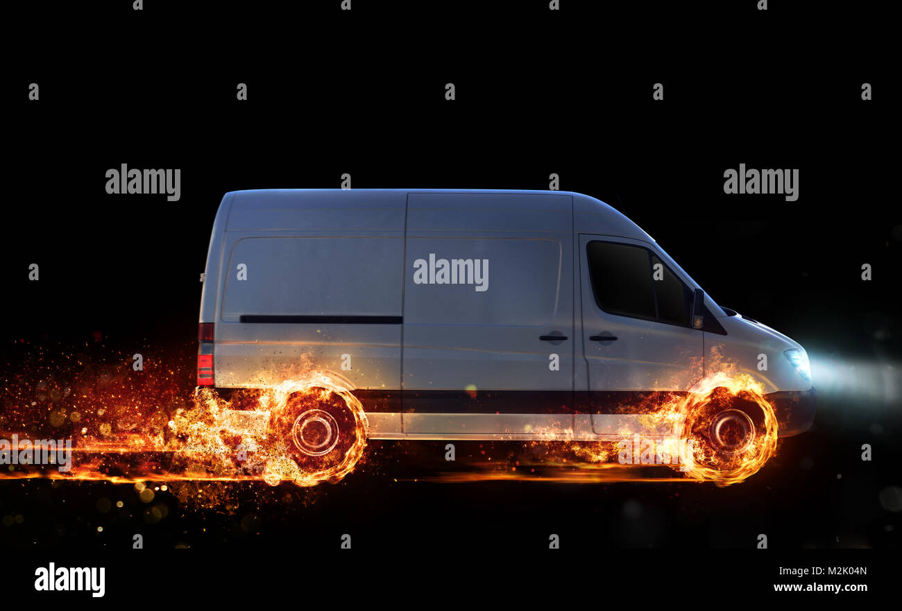 Super fast delivery of package service with van with wheels on fire ...