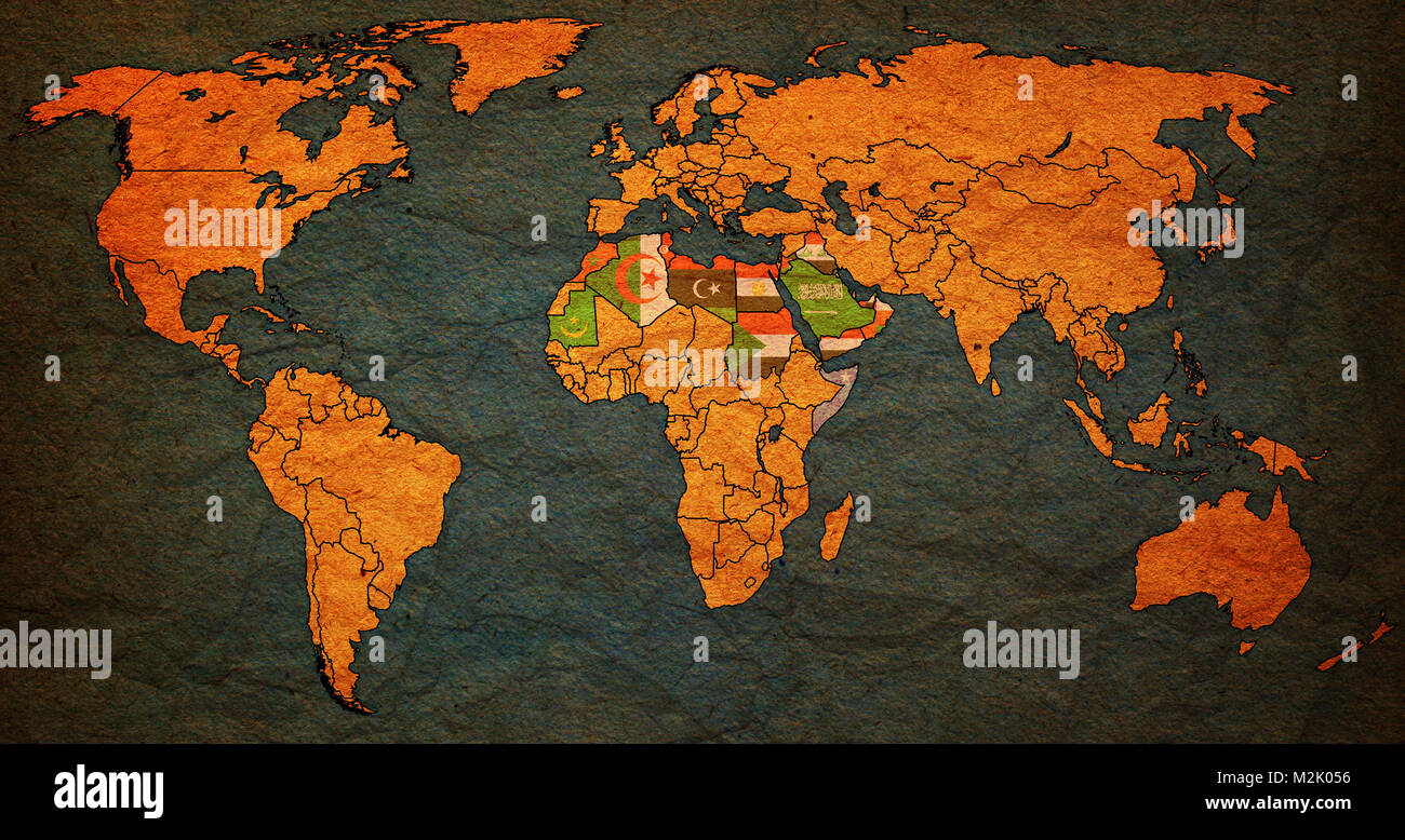 Arab League member countries flags on world map with national borders ...