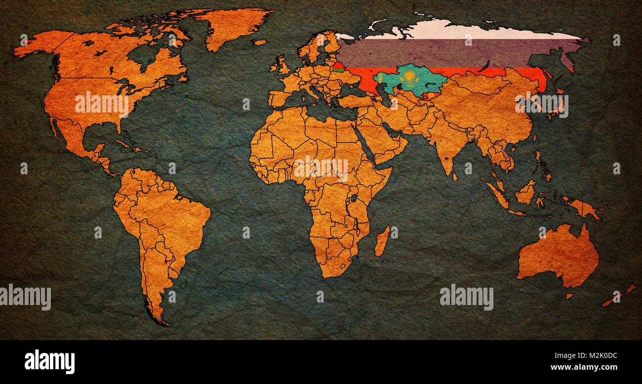 Eurasian Economic Union member countries flags on world map with ...