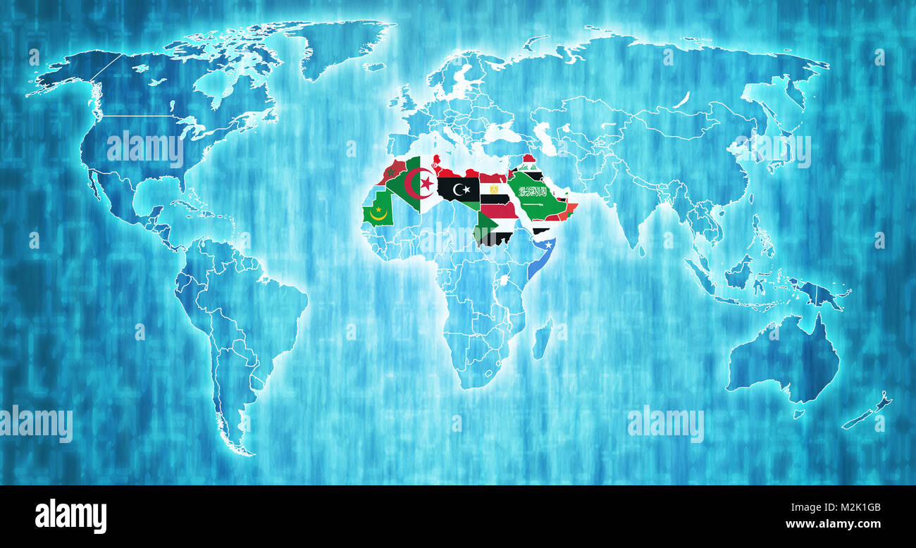 Arab League member countries flags on world map with national borders ...