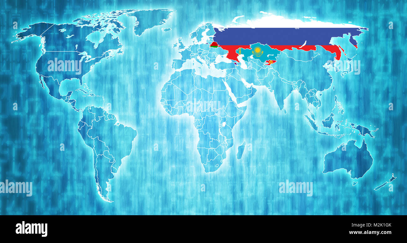 Eurasian Economic Union member countries flags on world map with ...