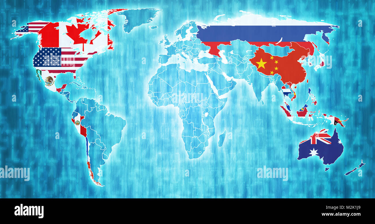 Asia-Pacific Economic Cooperation member countries flags on world map ...