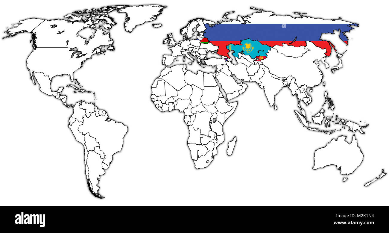 Eurasian Economic Union member countries flags on world map with ...