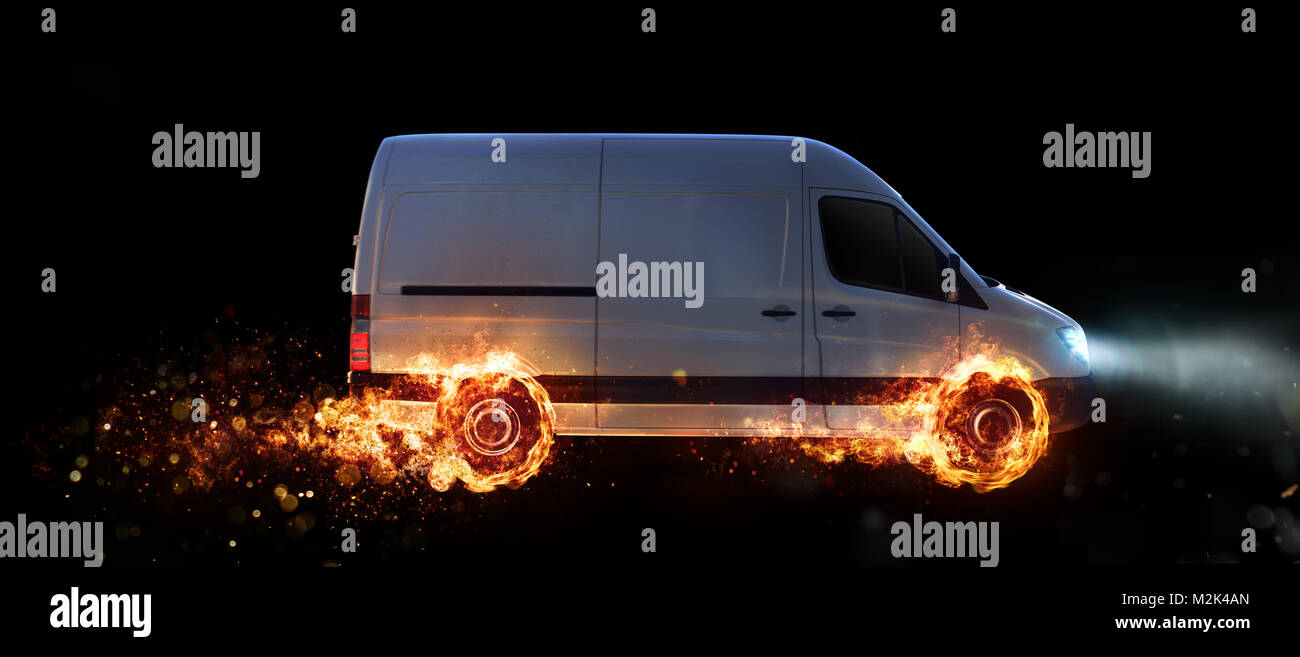 Super fast delivery of package service with van with wheels on fire ...