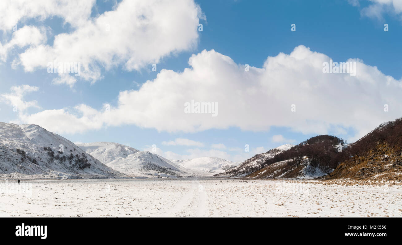 A view of the upper Findhorn valley below the snow-covered Monadhliath ...