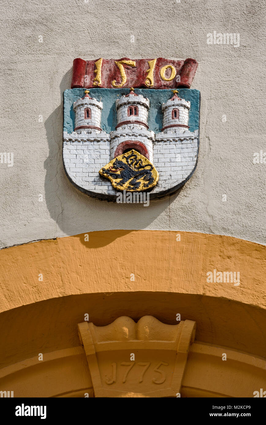 City's coat of arms, dated 1510, at Rathaus (Town Hall) in Freiberg ...