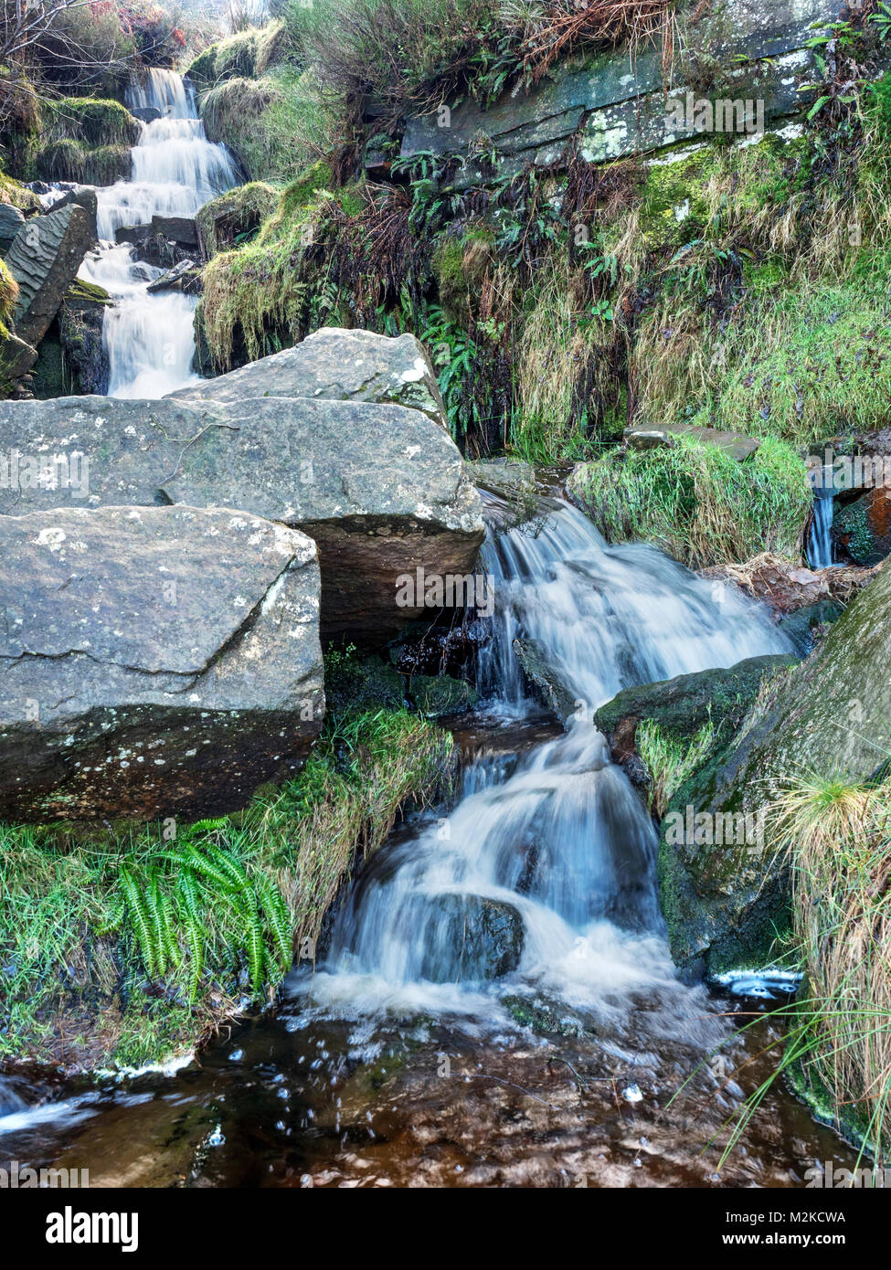 Bronte Waterfalls tumbling doen a rocky hillside on Haworth Moor near ...