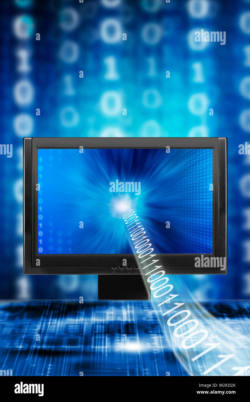 monitor with binary digits coming out of it, Internet broadband concept ...