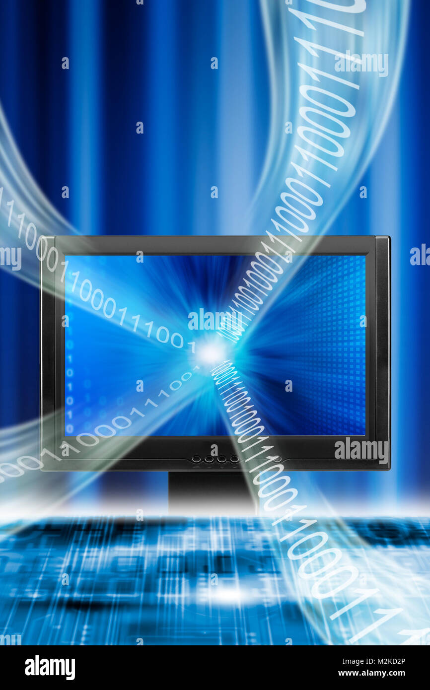 monitor with binary digits coming out of it, Internet broadband concept ...