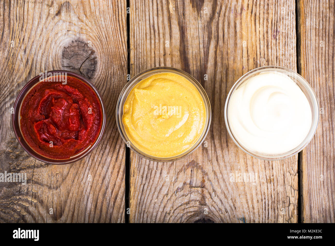 Set of three classic sauces-mayonnaise, ketchup and mustard Stock Photo ...