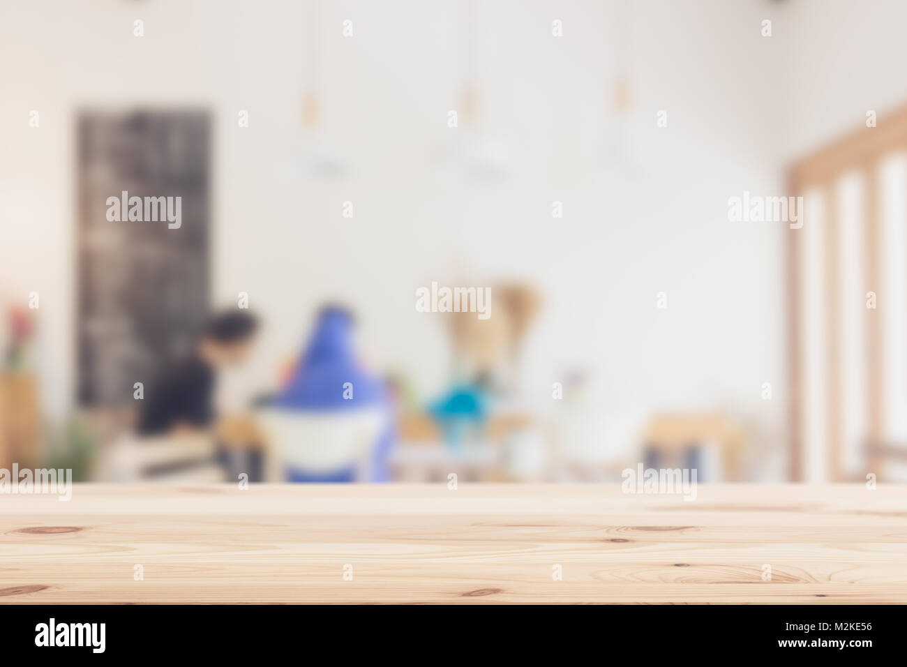 Wood Table top with blur cafe white clean day background space for ...