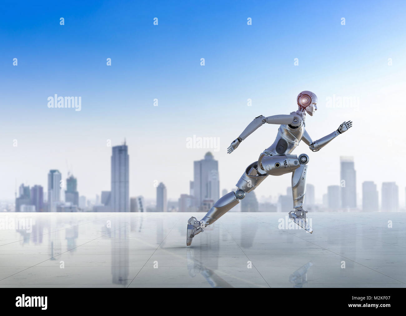 3d rendering humanoid robot running or jumping on cityscape background ...