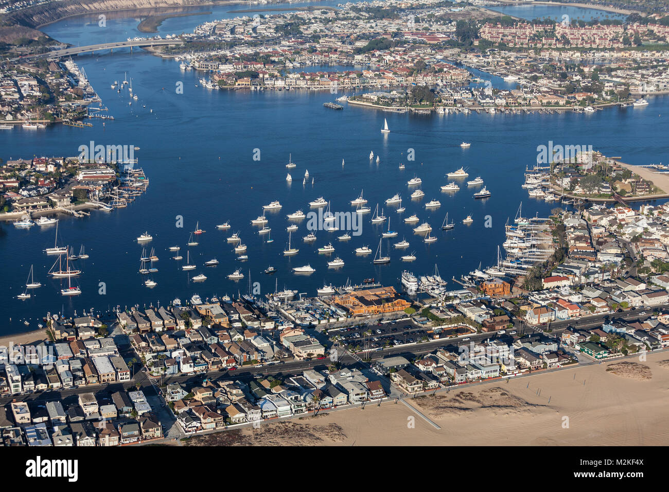 Aerial view of Balboa Bay boats and homes in scenic Newport Beach ...