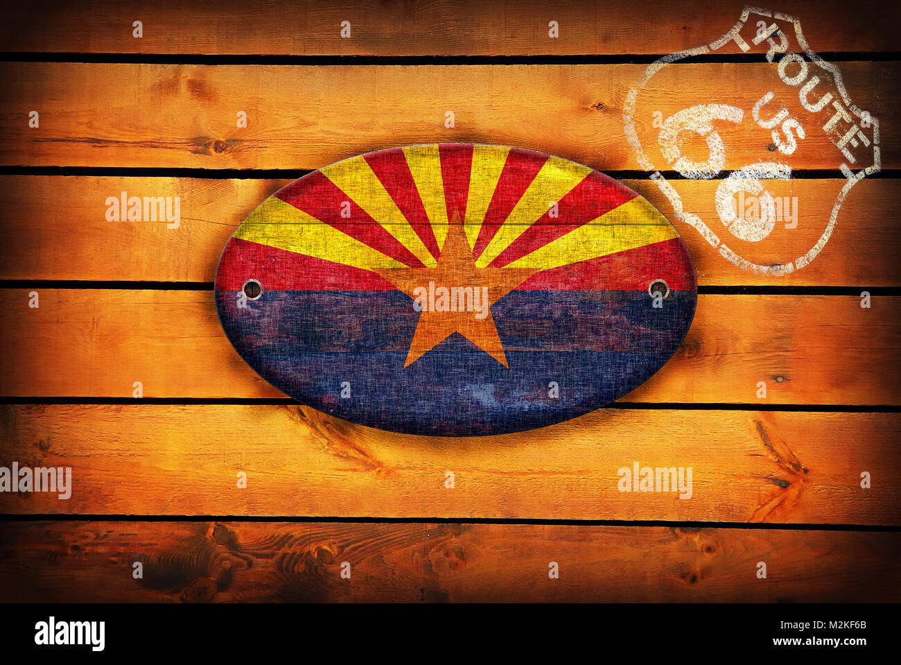 Brown wooden planks with the Arizona flag and shield of Route 66 Stock ...