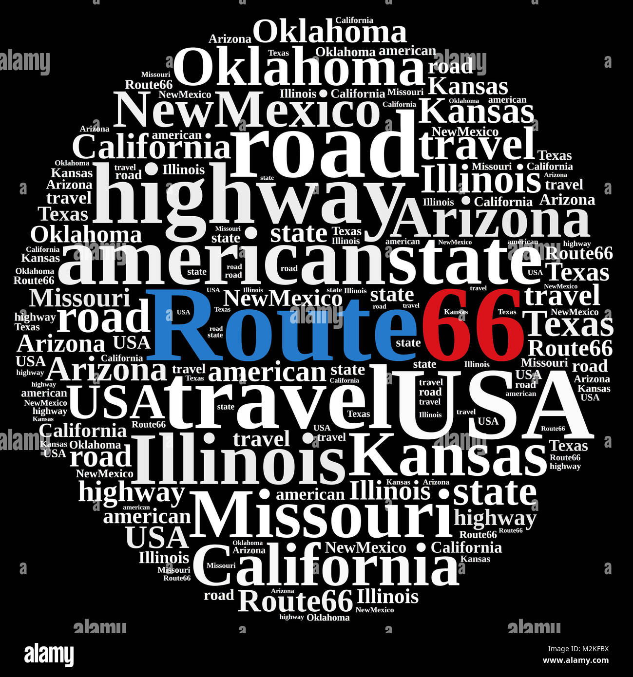 Illustration with word cloud on Route 66 Stock Photo - Alamy