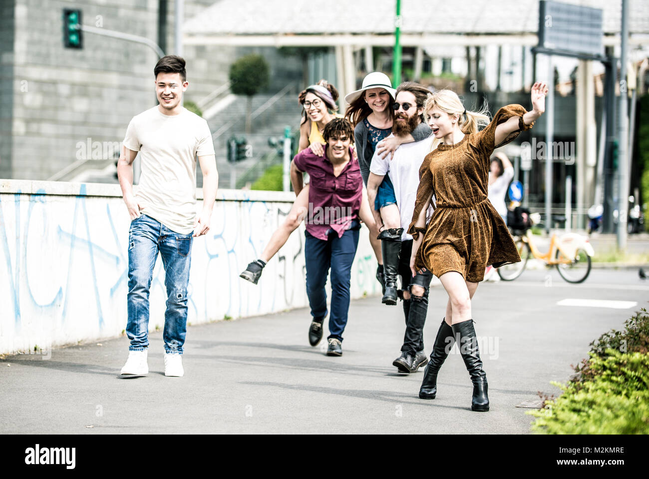 Group of friends laughing out loud outdoor, sharing good and positive ...