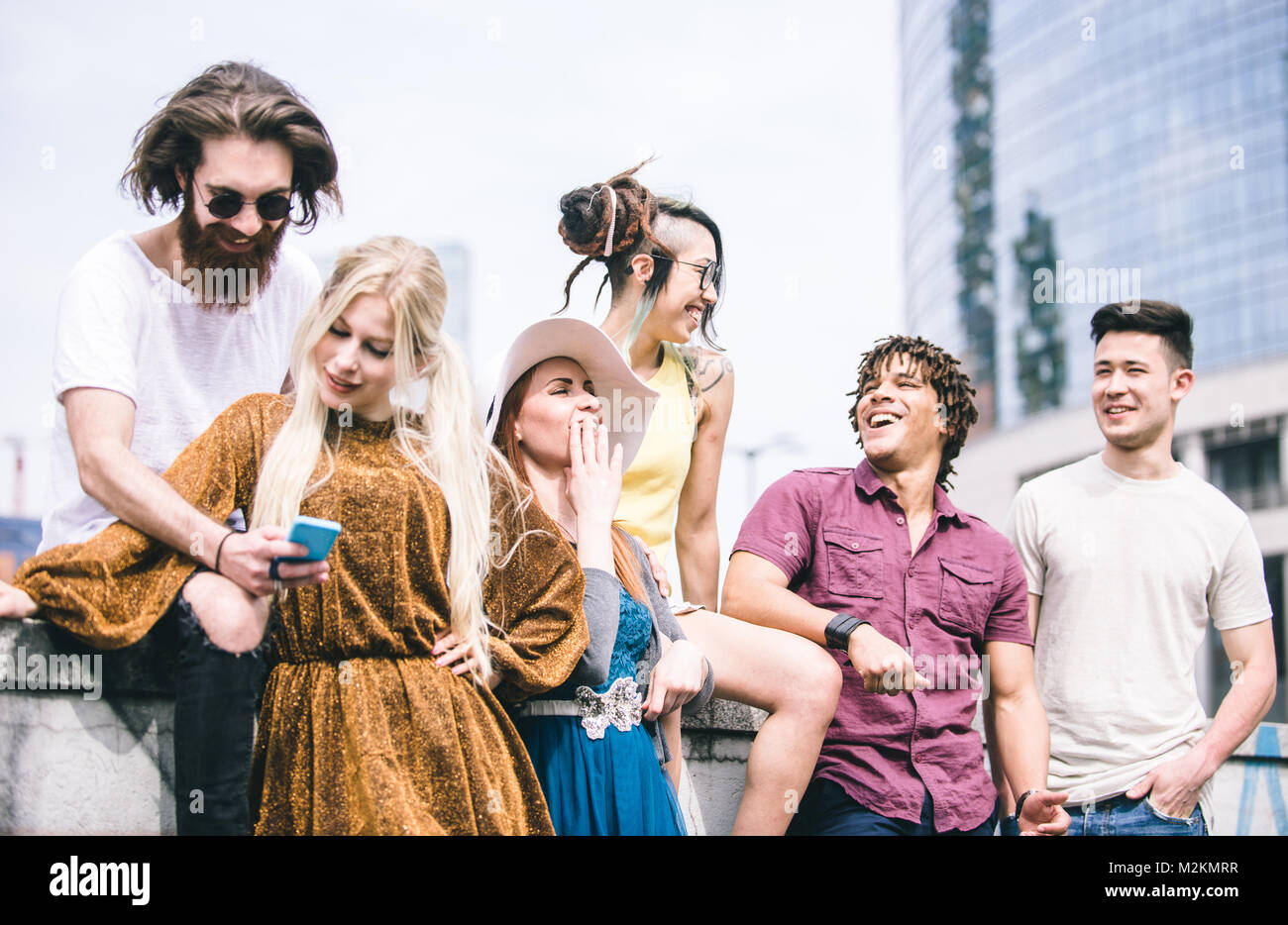 Group of friends laughing out loud outdoor, sharing good and positive ...