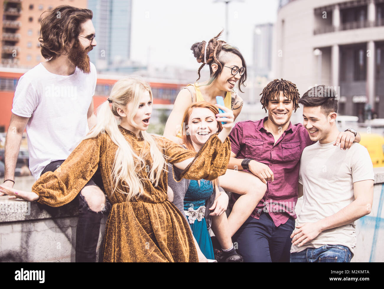 Group of friends laughing out loud outdoor, sharing good and positive ...