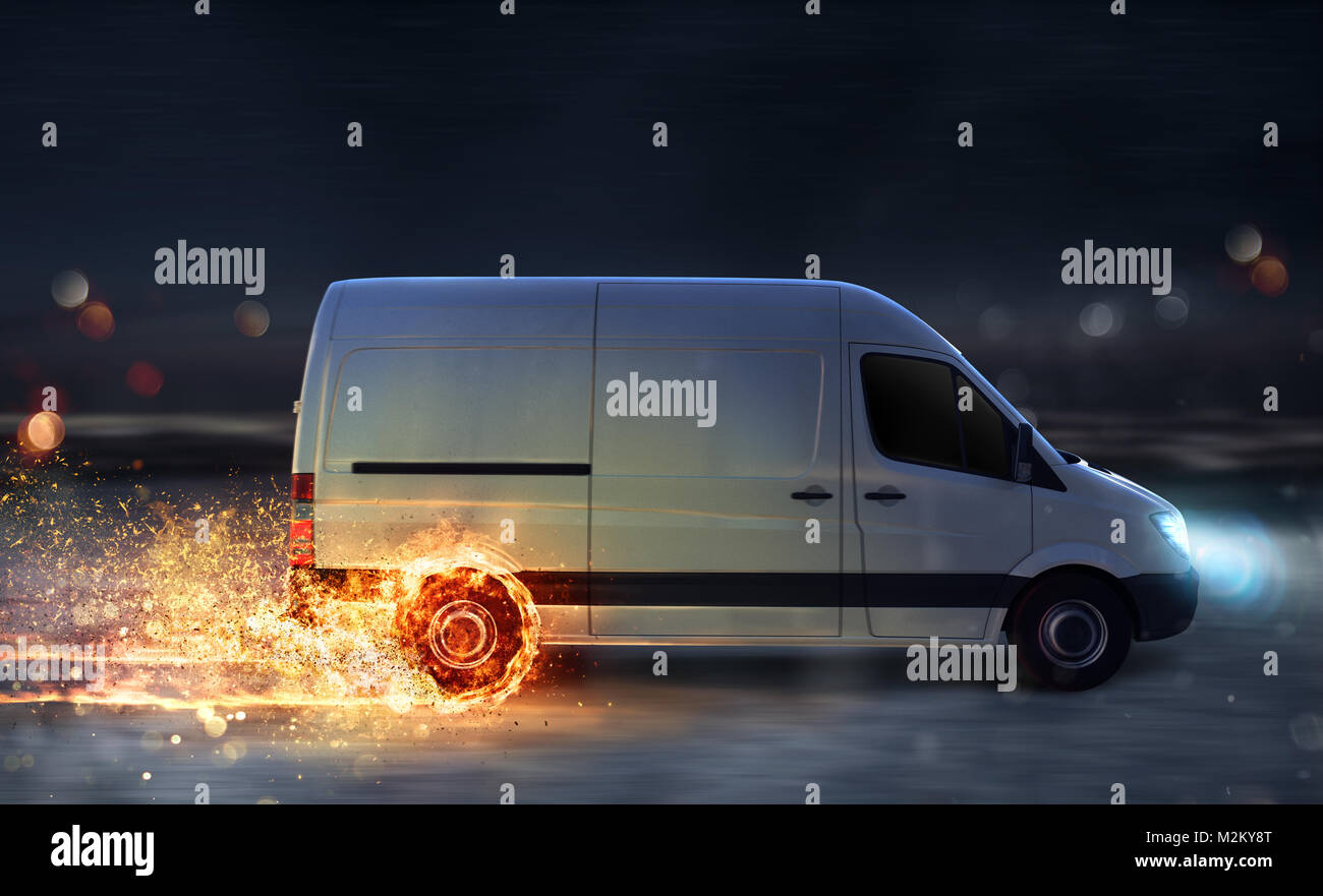 Super fast delivery of package service with van with wheels on fire ...