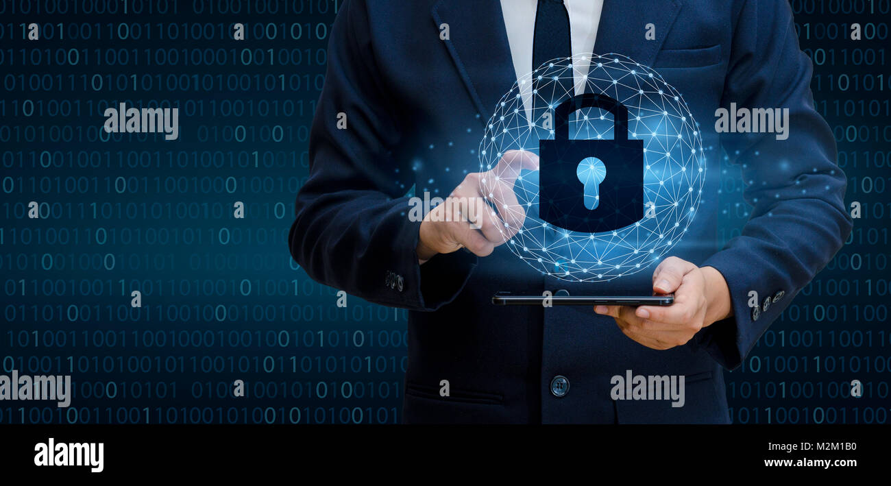 Hand Businessman The Press Lock Binary Code Cyber Security Concept