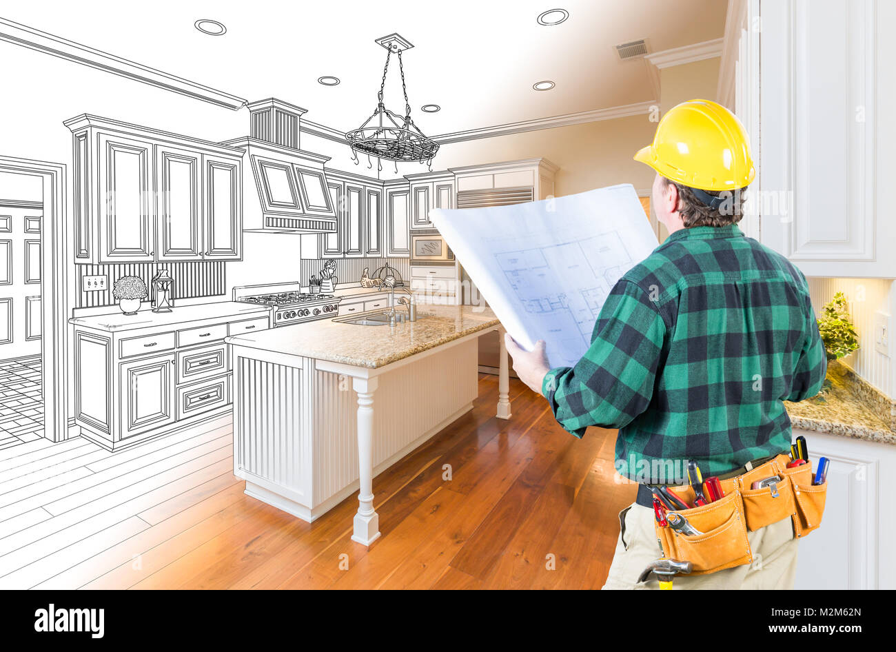 Male Contractor with Hard Hat and Plans Looking At Custom Kitchen ...