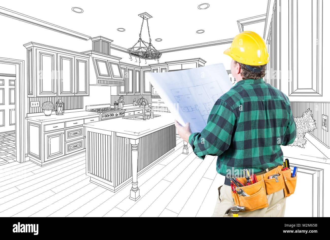 Male Contractor with Hard Hat and Plans Looking At Custom Kitchen ...