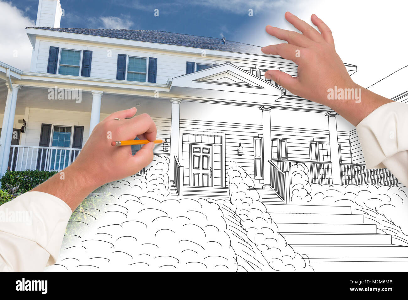 Male Hands Sketching with Pencil the Outline of a House with Photo ...